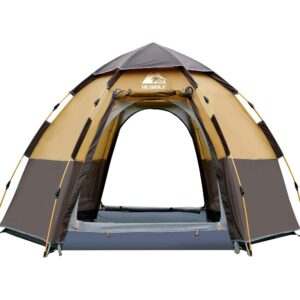 hewolf camping tent 3 to 4 person automatic pop up tent hexagonal hydraulic tents waterproof uv protection dome tent double layer ultra large family tent for garden camping hiking tents - camel