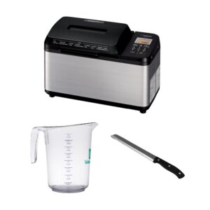 zojirushi bread machine - bake artisan breads with ease - dual heaters - 2 lb loaf size - gluten-free settings and more bundle with 8-inch bread knife, measuring cup, and cooking book (4 items)