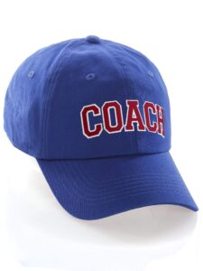 sports team coach baseball hat layered arch letters unstructured low profile cap, blue hat white red letters