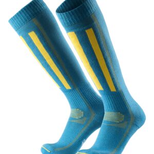 DANISH ENURANCE Merino Wool Performance Ski Socks for Men, Women & Kids, Blue/Yellow, US Women 8-10 // US Men 6.5-8.5