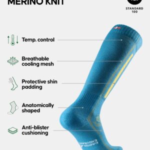 DANISH ENURANCE Merino Wool Performance Ski Socks for Men, Women & Kids, Blue/Yellow, US Women 8-10 // US Men 6.5-8.5