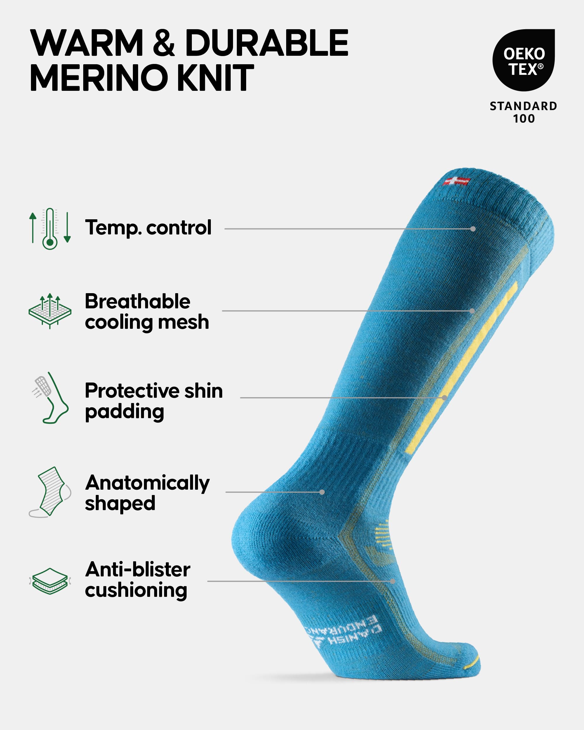 DANISH ENURANCE Merino Wool Performance Ski Socks for Men, Women & Kids, Blue/Yellow, US Women 8-10 // US Men 6.5-8.5