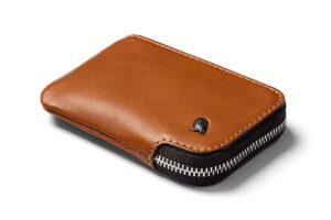 bellroy card pocket (small leather zipper card holder wallet, holds 4-15 cards, contains internal coin pouch, folded note storage) - caramel