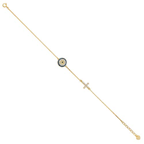 14k REAL Yellow Gold CZ Evil Eye Chain Bracelet - 7+1"