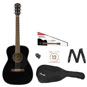 fender cc-60s concert v2 pack acoustic guitar, with 2-year warranty, black, with gig bag and accessories