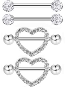 jovitec 2 pairs stainless steel nipple ring cz barbell rhinestone nipple studs for nipple tougue body piercing, 14 g (silver)