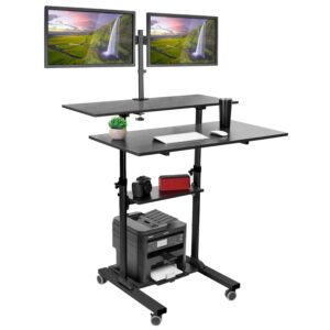 mount-it! mobile computer cart, portable desk on wheels - 40" wide tabletop, height adjustable workstation up to 64" tall with dual monitor mounts up to 72", rolling computer desk, screens 27", black