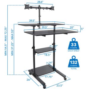 Mount-It! Mobile Computer Cart, Portable Desk on Wheels - 40" Wide Tabletop, Height Adjustable Workstation up to 64" Tall with Dual Monitor Mounts up to 72", Rolling Computer Desk, Screens 27", Black