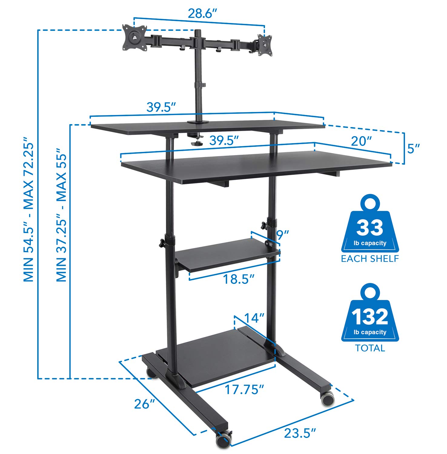 Mount-It! Mobile Computer Cart, Portable Desk on Wheels - 40" Wide Tabletop, Height Adjustable Workstation up to 64" Tall with Dual Monitor Mounts up to 72", Rolling Computer Desk, Screens 27", Black