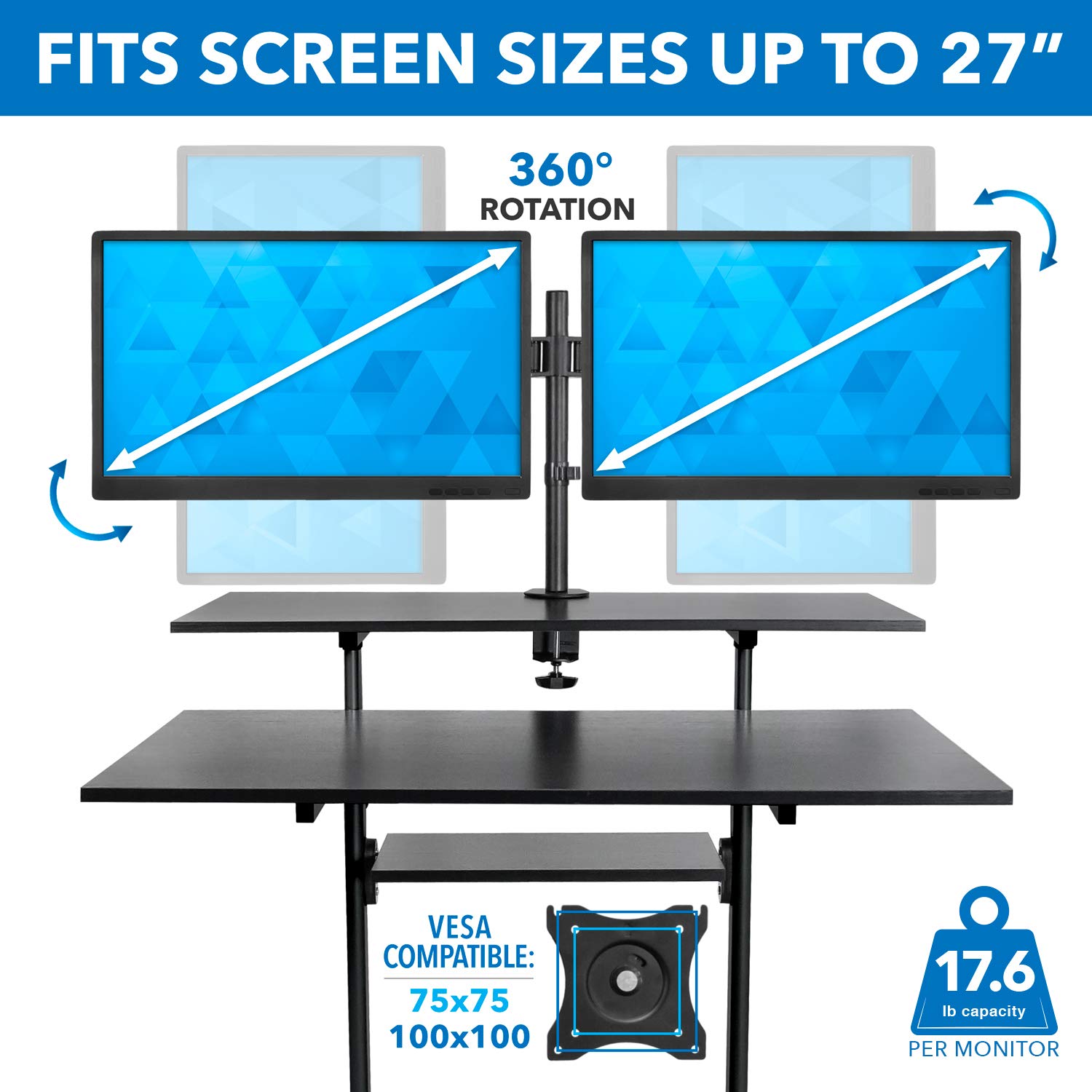 Mount-It! Mobile Computer Cart, Portable Desk on Wheels - 40" Wide Tabletop, Height Adjustable Workstation up to 64" Tall with Dual Monitor Mounts up to 72", Rolling Computer Desk, Screens 27", Black