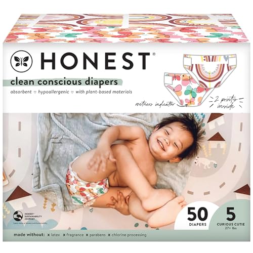 The Honest Company Clean Conscious Diapers | Plant-Based, Sustainable | Wingin' It + Catching Rainbows | Club Box, Size 5 (27+ lbs), 50 Count