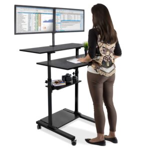 Mount-It! Mobile Computer Cart, Portable Desk on Wheels - 40" Wide Tabletop, Height Adjustable Workstation up to 64" Tall with Dual Monitor Mounts up to 72", Rolling Computer Desk, Screens 27", Black