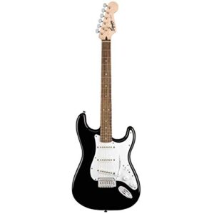 squier stratocaster electric guitar pack, with 2-year warranty, black, with gig bag, frontman 10g, and accessories