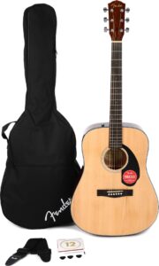 fender cd-60s dreadnought v2 pack acoustic guitar, with 2-year warranty, natural, with gig bag and accessories