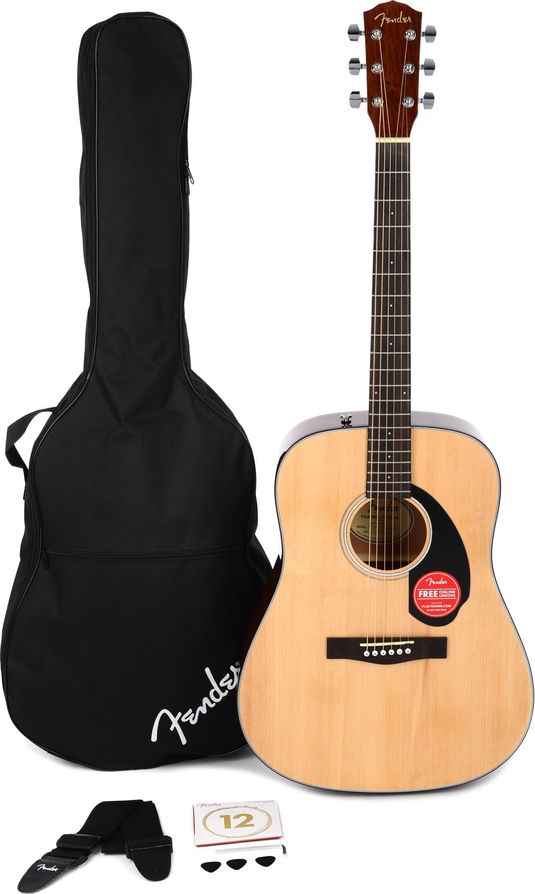 Fender CD-60S Dreadnought V2 Pack Acoustic Guitar, with 2-Year Warranty, Natural, with Gig Bag and Accessories