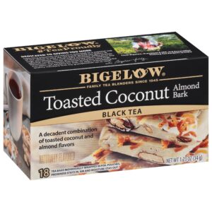 bigelow tea toasted coconut almond bark black tea, caffeinated tea with coconut and almond, 18 count box (pack of 6), 108 total tea bags