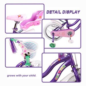 COEWSKE Kid's Bike Bicycles Steel Frame, Toddler Girls Bicycle Little Princess Style 12-14-16-18-20 Inch with Training Wheel for Age 4-7 (16 Inch, Purple)