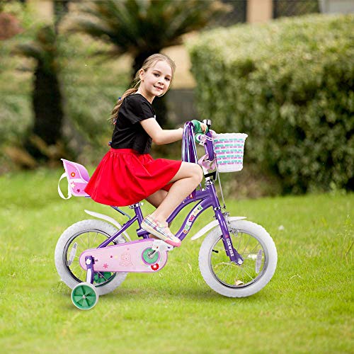 COEWSKE Kid's Bike Bicycles Steel Frame, Toddler Girls Bicycle Little Princess Style 12-14-16-18-20 Inch with Training Wheel for Age 4-7 (16 Inch, Purple)