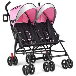 baby joy double light-weight stroller, travel foldable design, twin umbrella stroller with 5-point harness, cup holder, sun canopy for baby, toddlers (pink)