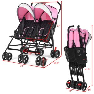 BABY JOY Double Light-Weight Stroller, Travel Foldable Design, Twin Umbrella Stroller with 5-Point Harness, Cup Holder, Sun Canopy for Baby, Toddlers (Pink)