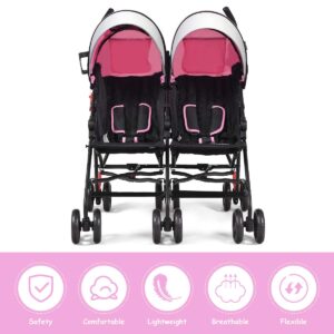 BABY JOY Double Light-Weight Stroller, Travel Foldable Design, Twin Umbrella Stroller with 5-Point Harness, Cup Holder, Sun Canopy for Baby, Toddlers (Pink)