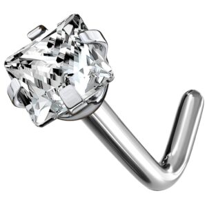 fifth cue prong set square diamond cz solid grade 23 titanium l bend stud nose ring (18g | 1/4" (6mm) | 3x3mm cz)