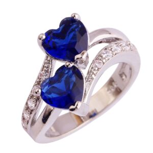 emsione vintage 925 sterling silver plated cz double heart created sapphire & topaz love wedding promise ring