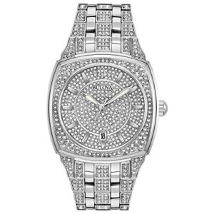 bulova men's crystals phantom stainless steel 3-hand quartz watch, cushion shape dial and curved mineral crystal style: 96b296