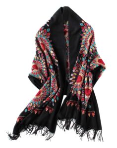 urban coco women's embroidered oversize tassel shawl scarf wraps for women (black)