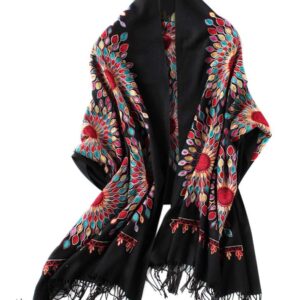 Urban CoCo Women's Embroidered Oversize Tassel Shawl Scarf Wraps for Women (Black)