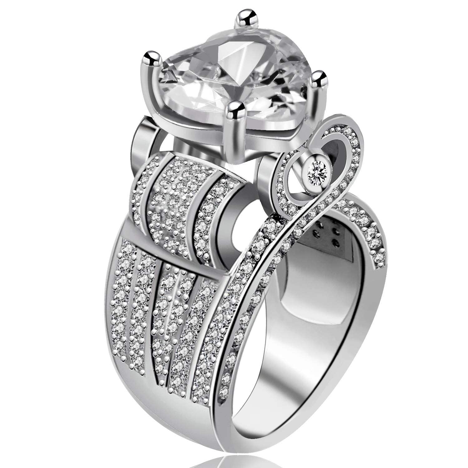 Uloveido Unique Platinum Plated Big Love Heart Cubic Zirconia Wide Cluster Architecture Statement Rings Engagement for Women (Size 6) Y429