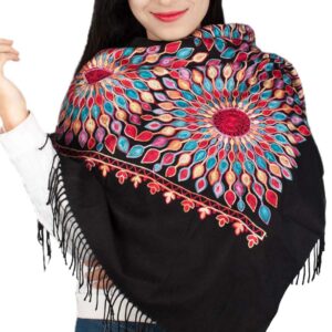 Urban CoCo Women's Embroidered Oversize Tassel Shawl Scarf Wraps for Women (Black)