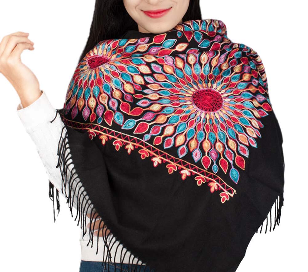 Urban CoCo Women's Embroidered Oversize Tassel Shawl Scarf Wraps for Women (Black)