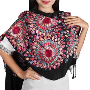 Urban CoCo Women's Embroidered Oversize Tassel Shawl Scarf Wraps for Women (Black)