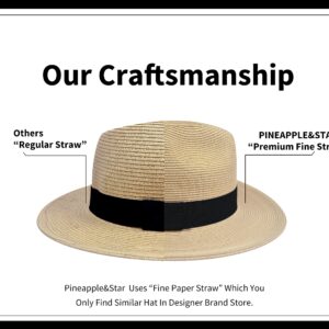 Pineapple&Star Sun Straw Fedora Beach Hat Fine Braid UPF50+ for Unisex (Medium, Beige)