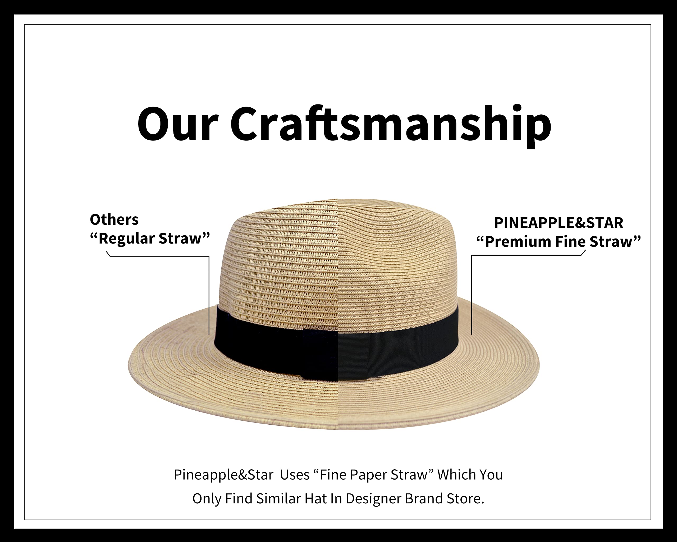 Pineapple&Star Sun Straw Fedora Beach Hat Fine Braid UPF50+ for Unisex (Medium, Beige)