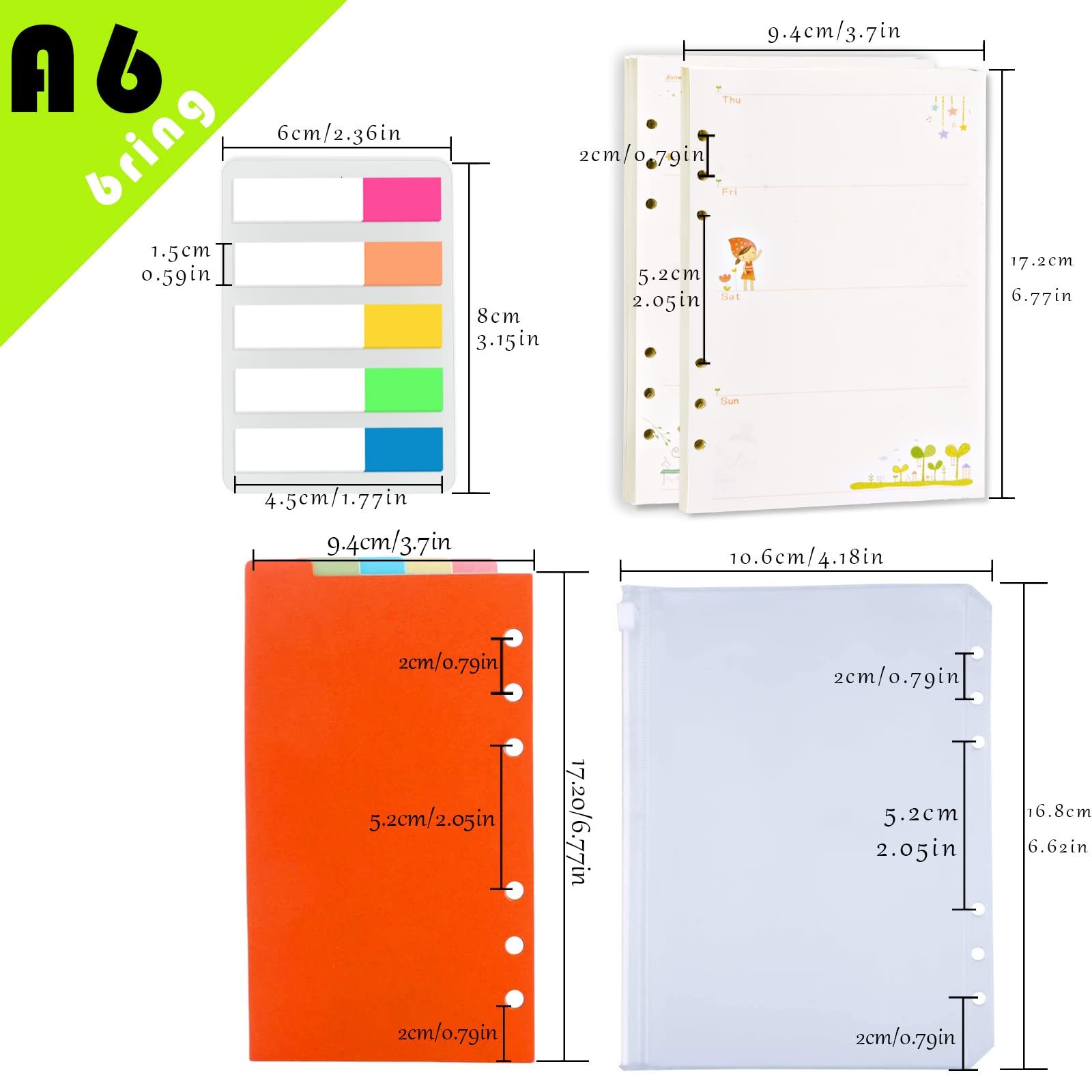 Rancco A6 Planner Inserts Weekly Planner Refills, 90 Pages Colorful 6-Ring Loose-leaf Paper Binder Inserts w/Divider, PVC Pouch, Ruler, Index Tab for Journal, Filofax, Double-sided, Undated, 6.9x3.7"