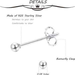 Milacolato 6 Pairs 925 Sterling Silver Stud Earrings for Women 2mm Tiny Ball Stud Earrings Set Hypoallergenic Over 3 Years Old