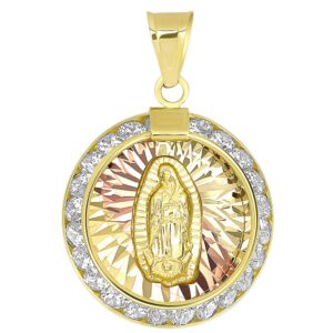 jewelry america 14k yellow gold tri-tone round shaped our lady of guadalupe elegant cz medallion pendant (small)