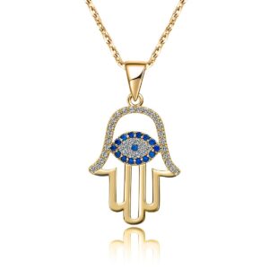 sloong evil eye hamsa hand necklace 14k gold plated third eye white blue cz womens pendant necklace