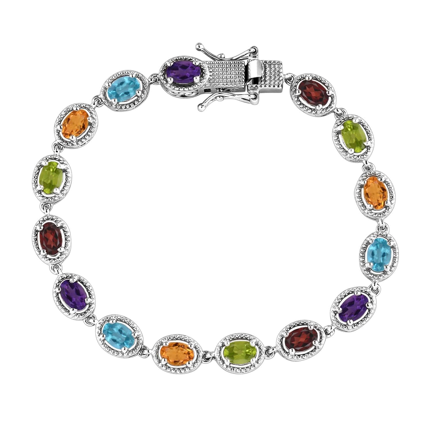 SHOP LC 925 Sterling Silver Gemstone Link Tennis Bracelet for Women Platinum Plated Peridot Amethyst Topaz Citrine Garnet 7.25" Ct 6.8 Birthday Gifts for Women