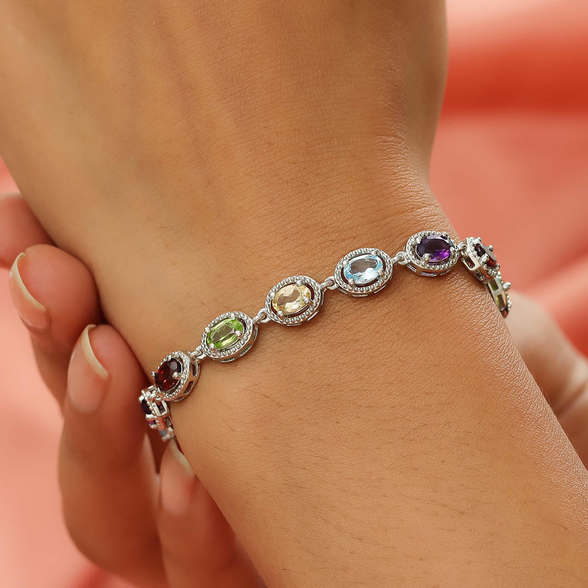 SHOP LC 925 Sterling Silver Gemstone Link Tennis Bracelet for Women Platinum Plated Peridot Amethyst Topaz Citrine Garnet 7.25" Ct 6.8 Birthday Gifts for Women