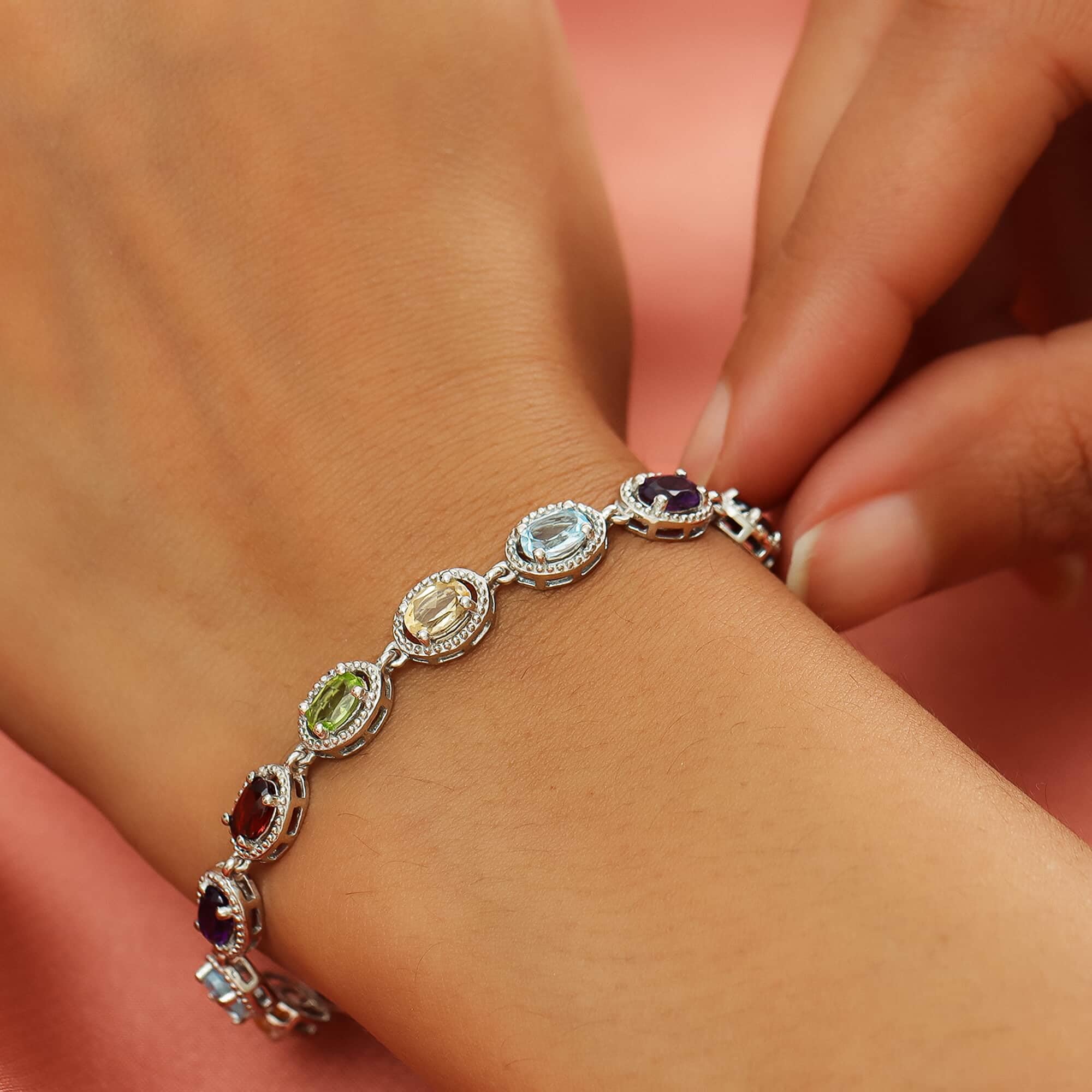 SHOP LC 925 Sterling Silver Gemstone Link Tennis Bracelet for Women Platinum Plated Peridot Amethyst Topaz Citrine Garnet 7.25" Ct 6.8 Birthday Gifts for Women