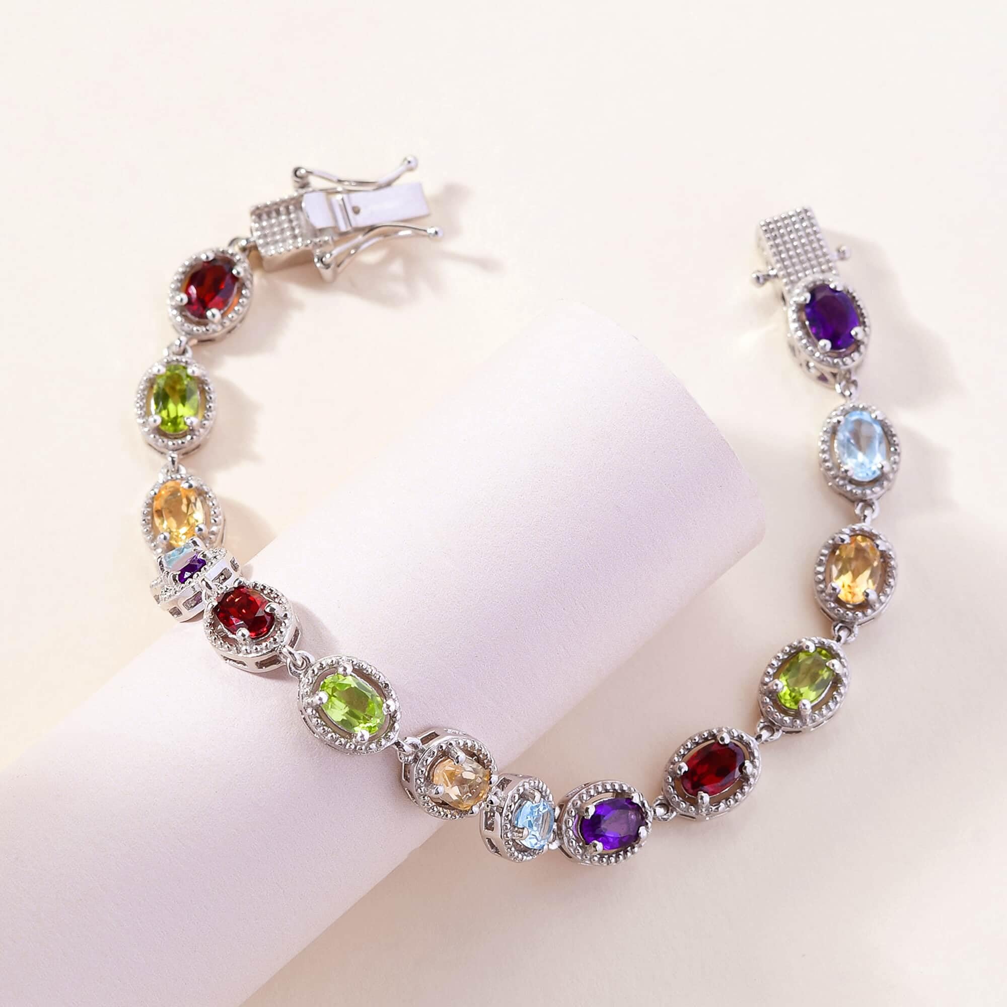 SHOP LC 925 Sterling Silver Gemstone Link Tennis Bracelet for Women Platinum Plated Peridot Amethyst Topaz Citrine Garnet 7.25" Ct 6.8 Birthday Gifts for Women