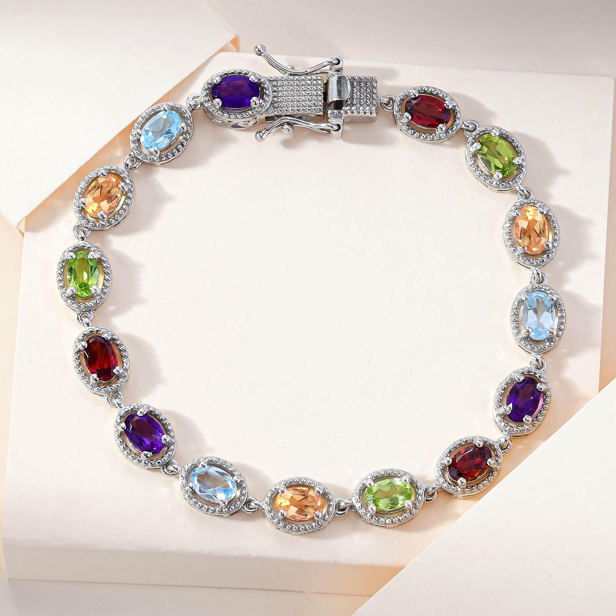 SHOP LC 925 Sterling Silver Gemstone Link Tennis Bracelet for Women Platinum Plated Peridot Amethyst Topaz Citrine Garnet 7.25" Ct 6.8 Birthday Gifts for Women