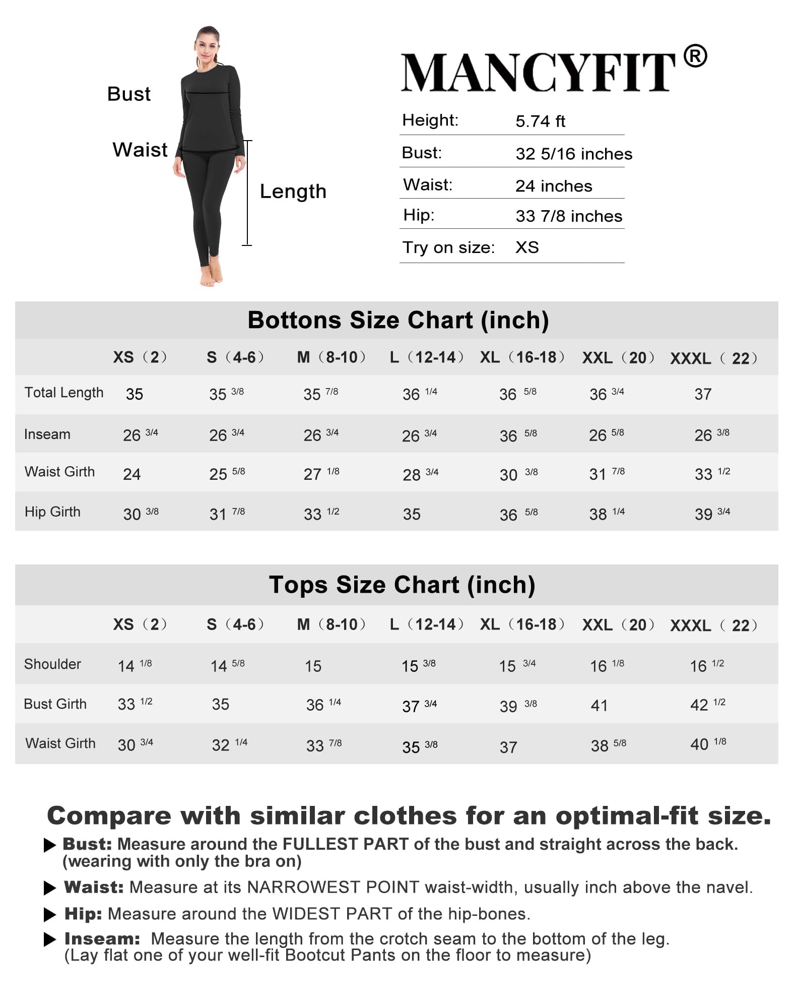 MANCYFIT Thermal Underwear for Women Long Johns Set Fleece Lined Ultra Soft (Black, Medium (US 8-10))