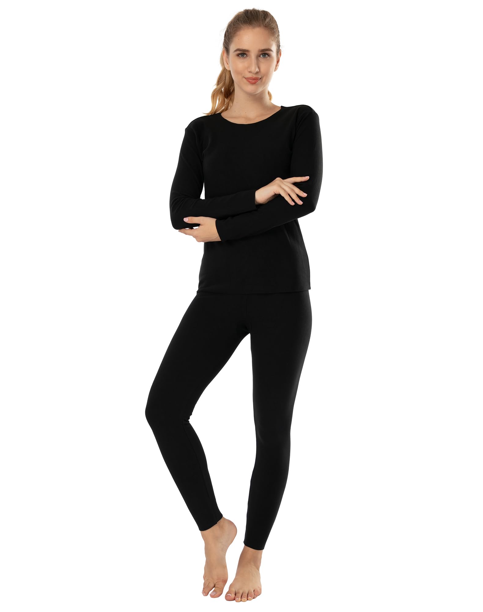 MANCYFIT Thermal Underwear for Women Long Johns Set Fleece Lined Ultra Soft (Black, Medium (US 8-10))