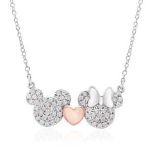 disney mickey and minnie mouse sterling silver two tone cubic zirconia necklace with pink heart; jewelry for women, 18"