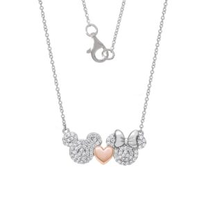 Disney Mickey and Minnie Mouse Sterling Silver Two Tone Cubic Zirconia Necklace with Pink Heart; Jewelry for Women, 18"