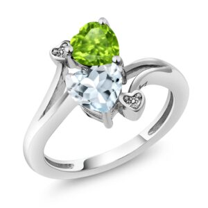 gem stone king 1.53 ct heart shape green peridot aquamarine 10k white gold diamond accent ring (size 5)